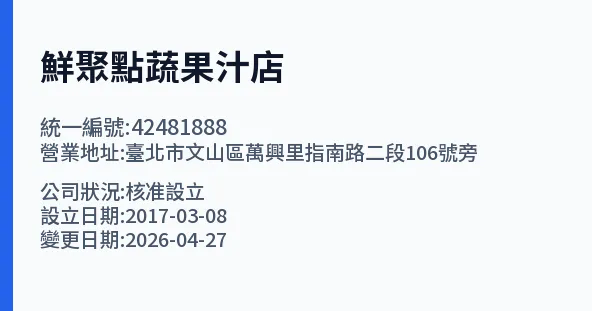 鮮聚點蔬果汁店的照片-統編 42481888(臺北市) 公司登記資料與營業項目詳細圖表