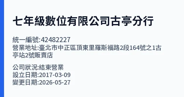七年級數位有限公司古亭分行的照片-統編 42482227(臺北市) 公司登記資料與營業項目詳細圖表