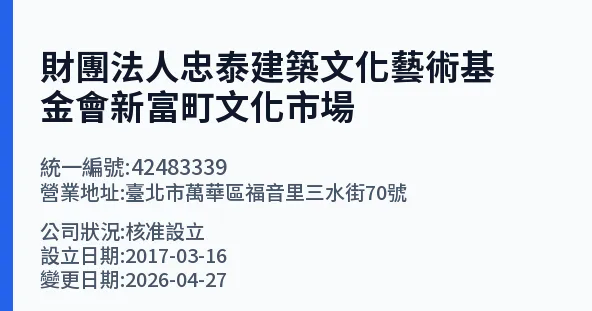 財團法人忠泰建築文化藝術基金會新富町文化市場的照片-統編 42483339(臺北市) 公司登記資料與營業項目詳細圖表