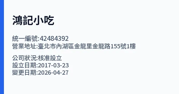 鴻記小吃的照片-統編 42484392(臺北市) 公司登記資料與營業項目詳細圖表