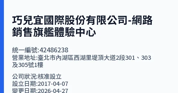 巧兒宜國際股份有限公司-網路銷售旗艦體驗中心的照片-統編 42486238(臺北市) 公司登記資料與營業項目詳細圖表