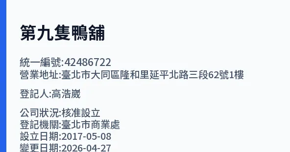 第九隻鴨舖的照片-統編 42486722(臺北市) 公司登記資料與營業項目詳細圖表