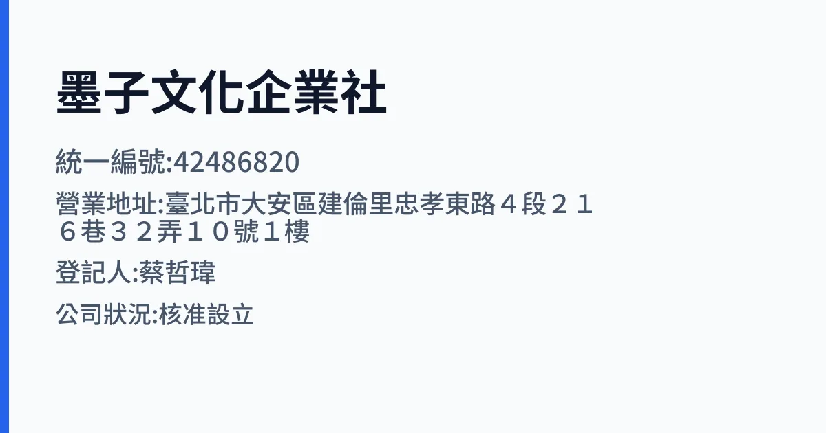 墨子文化企業社 - 統編 42486820(臺北市) 公司登記資料與營業項目詳細圖表