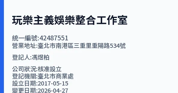 玩樂主義娛樂整合工作室的照片-統編 42487551(臺北市) 公司登記資料與營業項目詳細圖表