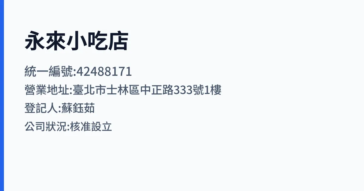 永來小吃店 - 統編 42488171(臺北市) 公司登記資料與營業項目詳細圖表
