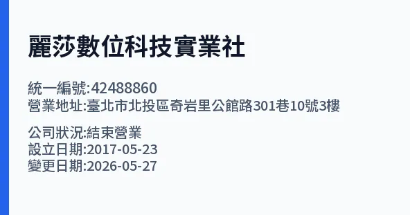 麗莎數位科技實業社的照片-統編 42488860(臺北市) 公司登記資料與營業項目詳細圖表