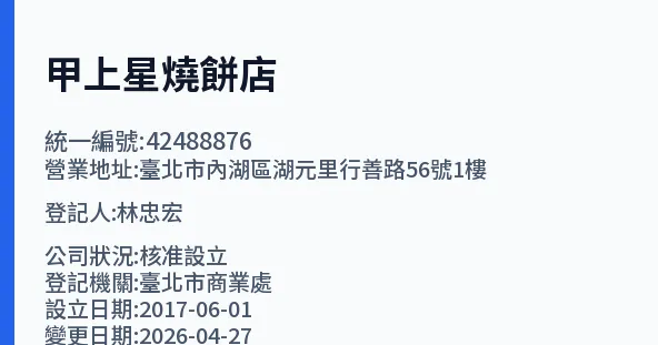 甲上星燒餅店的照片-統編 42488876(臺北市) 公司登記資料與營業項目詳細圖表
