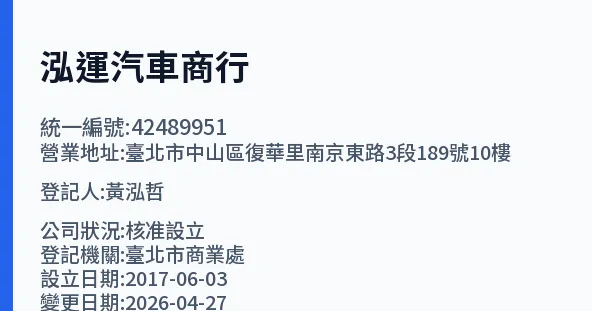 泓運汽車商行的照片-統編 42489951(臺北市) 公司登記資料與營業項目詳細圖表
