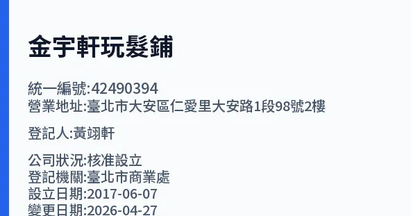 金宇軒玩髮鋪的照片-統編 42490394(臺北市) 公司登記資料與營業項目詳細圖表