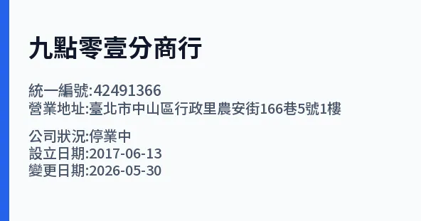 九點零壹分商行的照片-統編 42491366(臺北市) 公司登記資料與營業項目詳細圖表