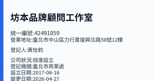 坊本品牌顧問工作室的照片-統編 42491859(臺北市) 公司登記資料與營業項目詳細圖表