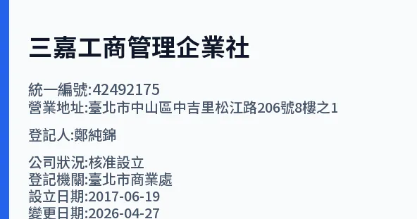 三嘉工商管理企業社的照片-統編 42492175(臺北市) 公司登記資料與營業項目詳細圖表