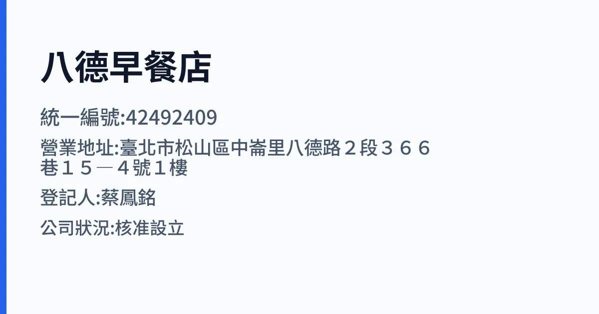 八德早餐店 - 統編 42492409(臺北市) 公司登記資料與營業項目詳細圖表