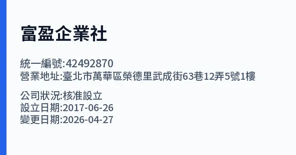富盈企業社的照片-統編 42492870(臺北市) 公司登記資料與營業項目詳細圖表