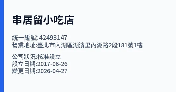 串居留小吃店的照片-統編 42493147(臺北市) 公司登記資料與營業項目詳細圖表