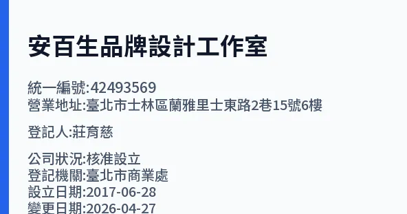 安百生品牌設計工作室的照片-統編 42493569(臺北市) 公司登記資料與營業項目詳細圖表