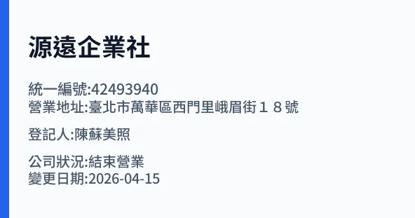 源遠企業社的照片-統編 42493940(臺北市) 公司登記資料與營業項目詳細圖表