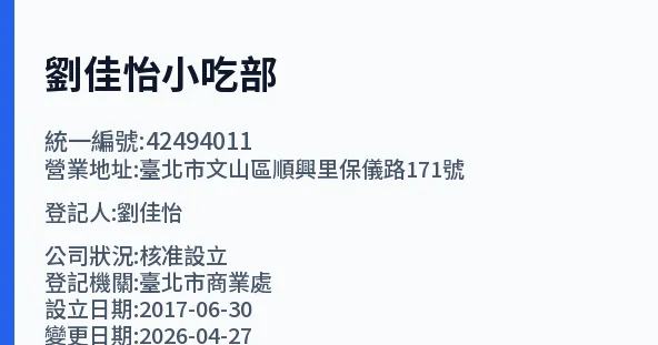 劉佳怡小吃部的照片-統編 42494011(臺北市) 公司登記資料與營業項目詳細圖表