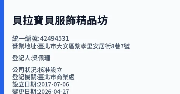 貝拉寶貝服飾精品坊的照片-統編 42494531(臺北市) 公司登記資料與營業項目詳細圖表