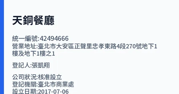 天銅餐廳的照片-統編 42494666(臺北市) 公司登記資料與營業項目詳細圖表
