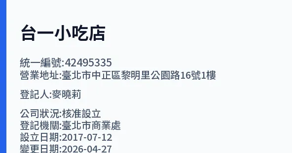 台一小吃店的照片-統編 42495335(臺北市) 公司登記資料與營業項目詳細圖表