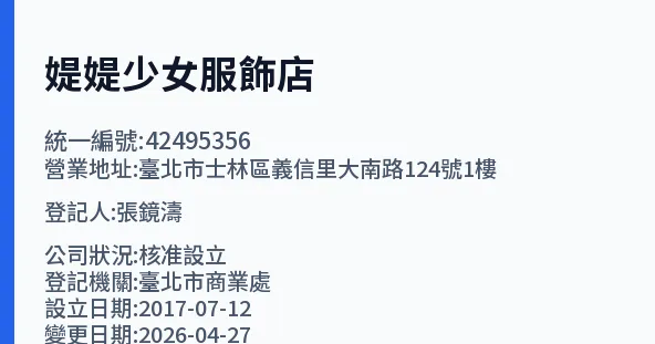 媞媞少女服飾店的照片-統編 42495356(臺北市) 公司登記資料與營業項目詳細圖表