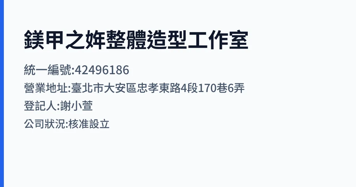 鎂甲之姩整體造型工作室 - 統編 42496186(臺北市) 公司登記資料與營業項目詳細圖表