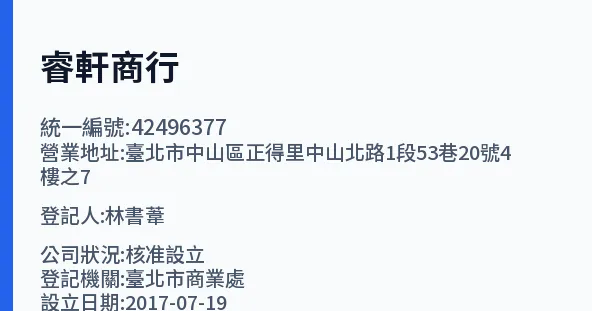 睿軒商行的照片-統編 42496377(臺北市) 公司登記資料與營業項目詳細圖表