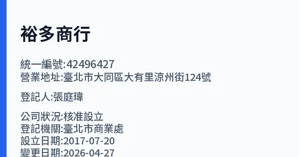 裕多商行的照片-統編 42496427(臺北市) 公司登記資料與營業項目詳細圖表