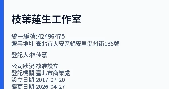 枝葉蓮生工作室的照片-統編 42496475(臺北市) 公司登記資料與營業項目詳細圖表