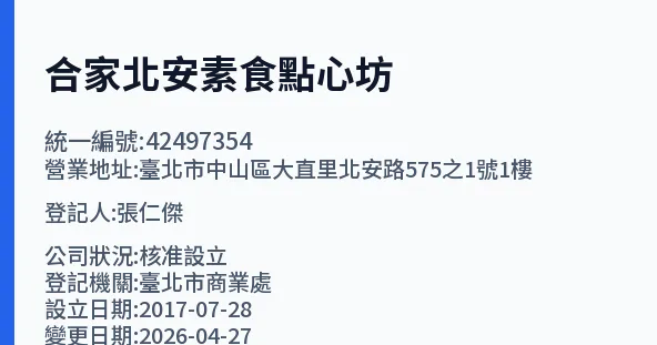 合家北安素食點心坊的照片-統編 42497354(臺北市) 公司登記資料與營業項目詳細圖表