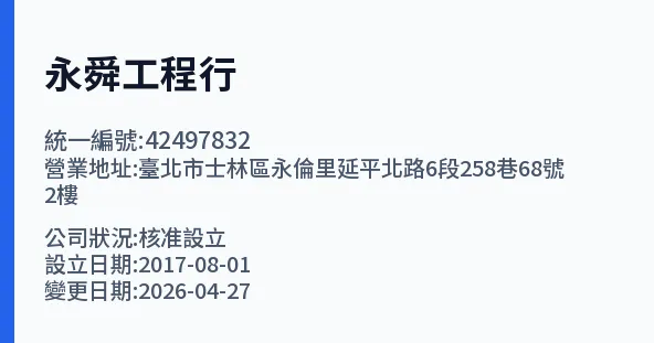永舜工程行的照片-統編 42497832(臺北市) 公司登記資料與營業項目詳細圖表