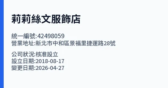 莉莉絲文服飾店的照片-統編 42498059(新北市) 公司登記資料與營業項目詳細圖表