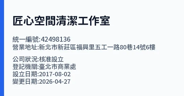 匠心空間清潔工作室的照片-統編 42498136(新北市) 公司登記資料與營業項目詳細圖表
