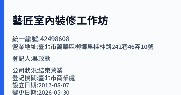 藝匠室內裝修工作坊的照片-統編 42498608(臺北市) 公司登記資料與營業項目詳細圖表