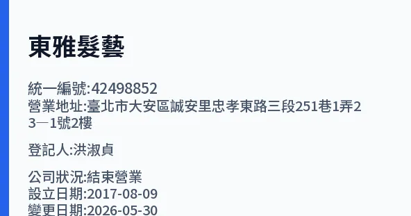 東雅髮藝的照片-統編 42498852(臺北市) 公司登記資料與營業項目詳細圖表