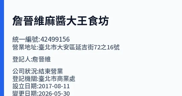 詹晉維麻醬大王食坊的照片-統編 42499156(臺北市) 公司登記資料與營業項目詳細圖表