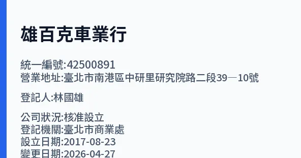 雄百克車業行的照片-統編 42500891(臺北市) 公司登記資料與營業項目詳細圖表