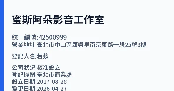 蜜斯阿朵影音工作室的照片-統編 42500999(臺北市) 公司登記資料與營業項目詳細圖表