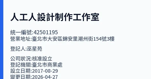 人工人設計制作工作室的照片-統編 42501195(臺北市) 公司登記資料與營業項目詳細圖表