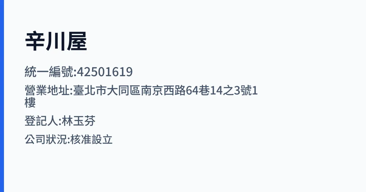 辛川屋 - 統編 42501619(臺北市) 公司登記資料與營業項目詳細圖表