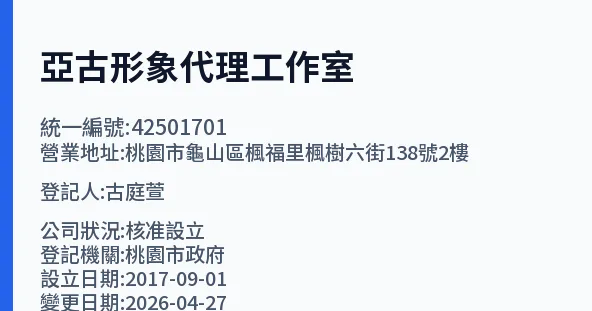 亞古形象代理工作室的照片-統編 42501701(桃園市) 公司登記資料與營業項目詳細圖表
