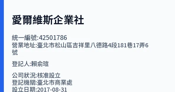愛爾維斯企業社的照片-統編 42501786(臺北市) 公司登記資料與營業項目詳細圖表