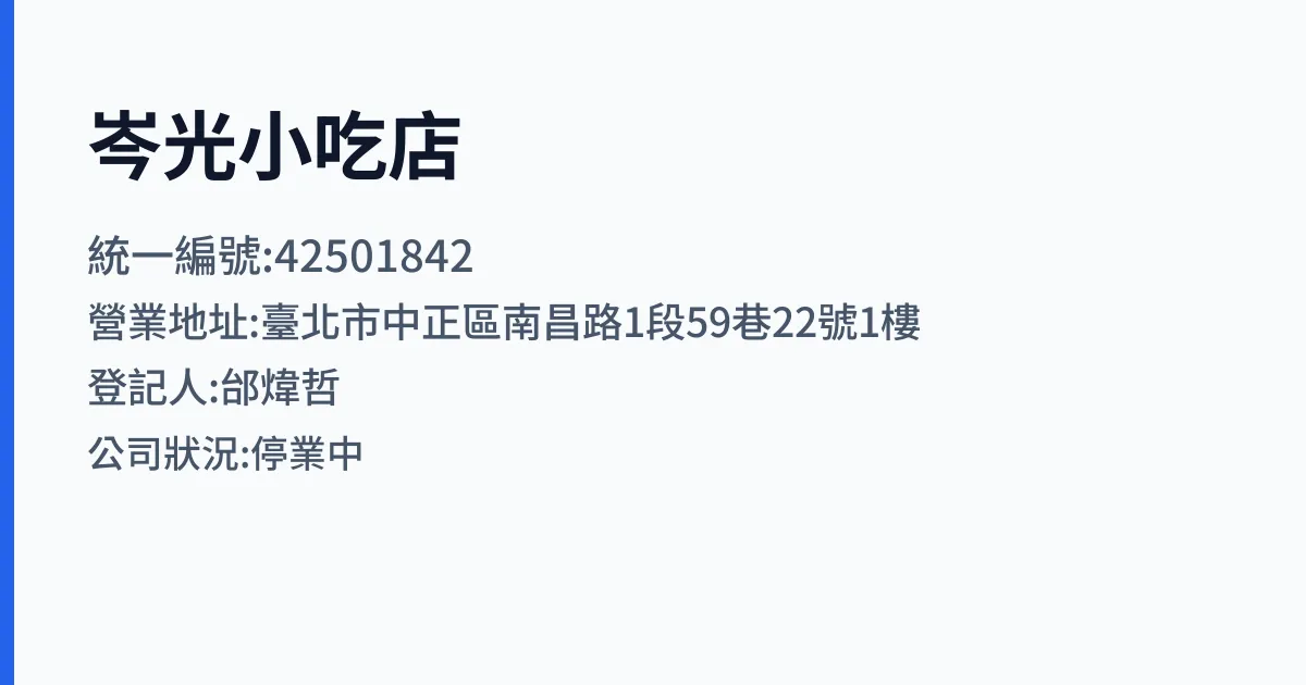 岑光小吃店 - 統編 42501842(臺北市) 公司登記資料與營業項目詳細圖表