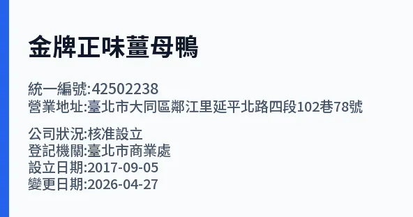 金牌正味薑母鴨的照片-統編 42502238(臺北市) 公司登記資料與營業項目詳細圖表
