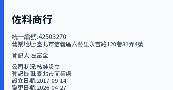 佐料商行的照片-統編 42503270(臺北市) 公司登記資料與營業項目詳細圖表