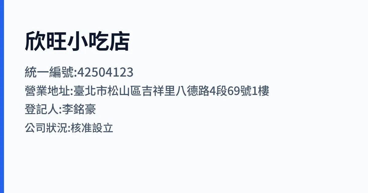 欣旺小吃店 - 統編 42504123(臺北市) 公司登記資料與營業項目詳細圖表