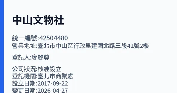 中山文物社的照片-統編 42504480(臺北市) 公司登記資料與營業項目詳細圖表