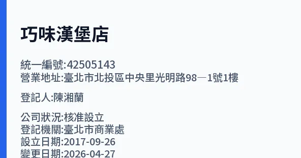巧味漢堡店的照片-統編 42505143(臺北市) 公司登記資料與營業項目詳細圖表