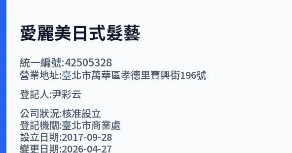 愛麗美日式髮藝的照片-統編 42505328(臺北市) 公司登記資料與營業項目詳細圖表